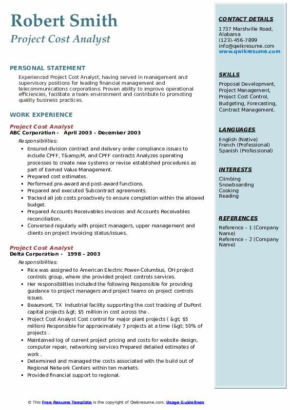 Project Cost Analyst Resume Samples | QwikResume