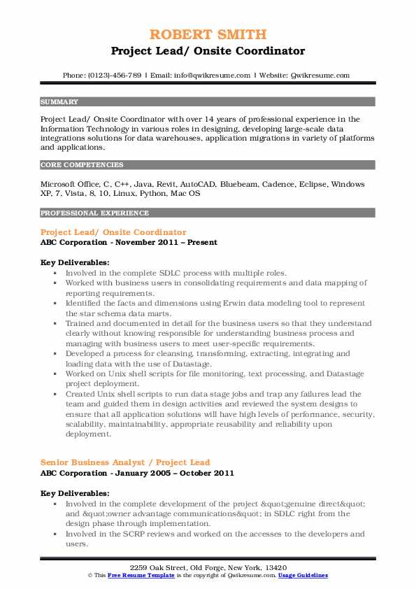 Project Lead Resume Samples QwikResume