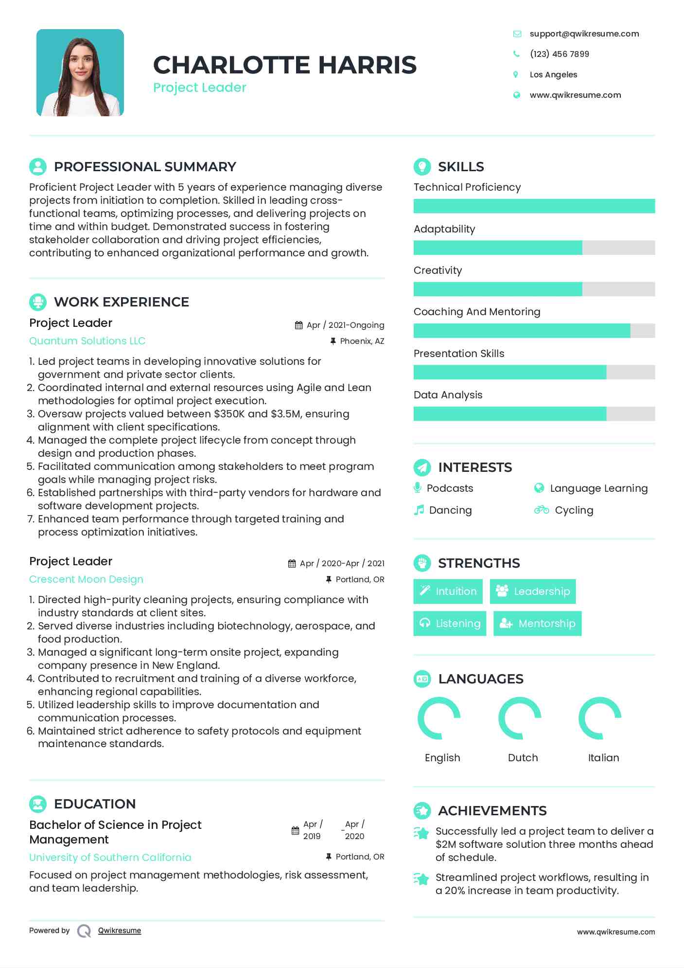 Project Leader Resume Samples QwikResume