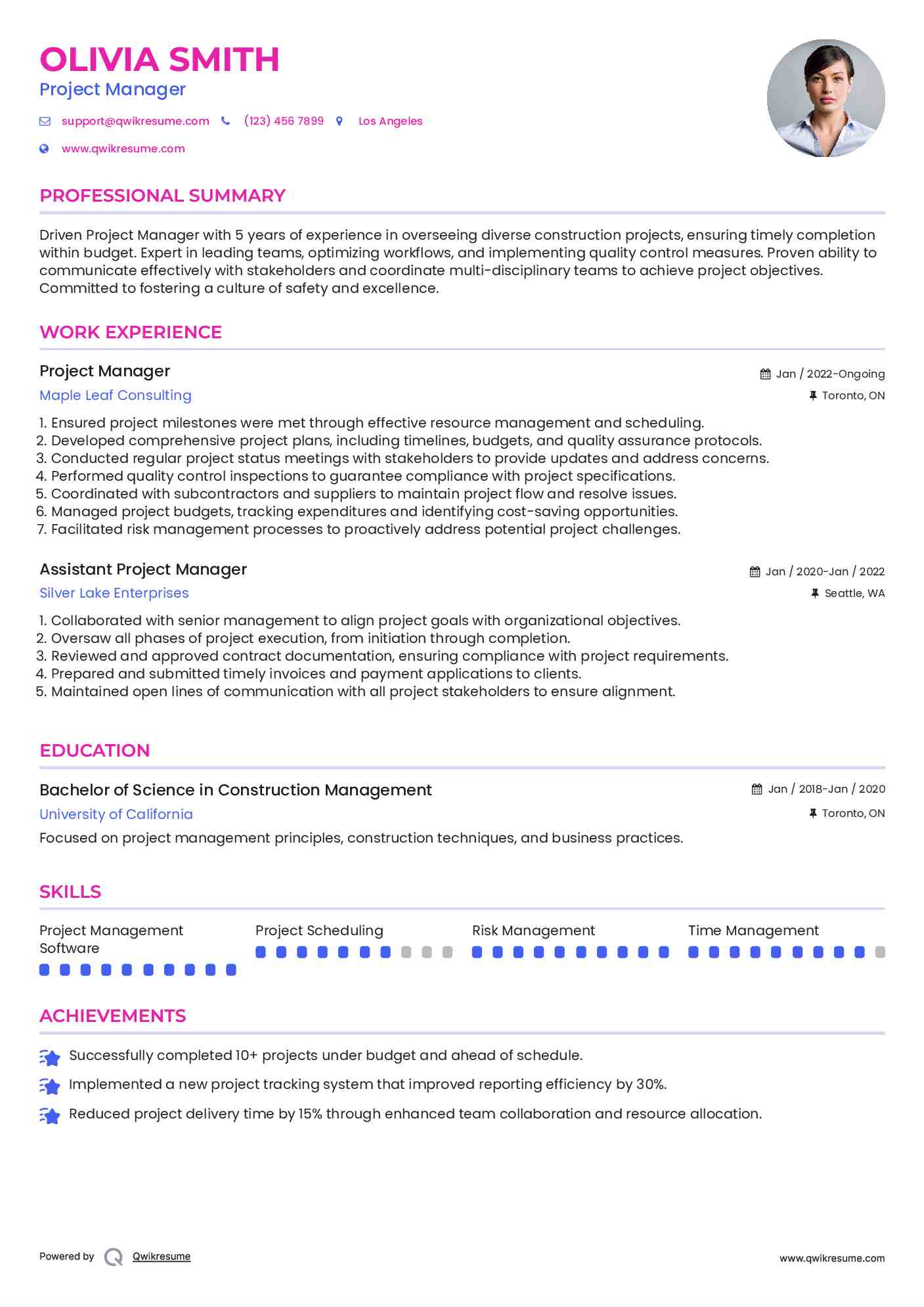 Project Manager Resume Samples QwikResume