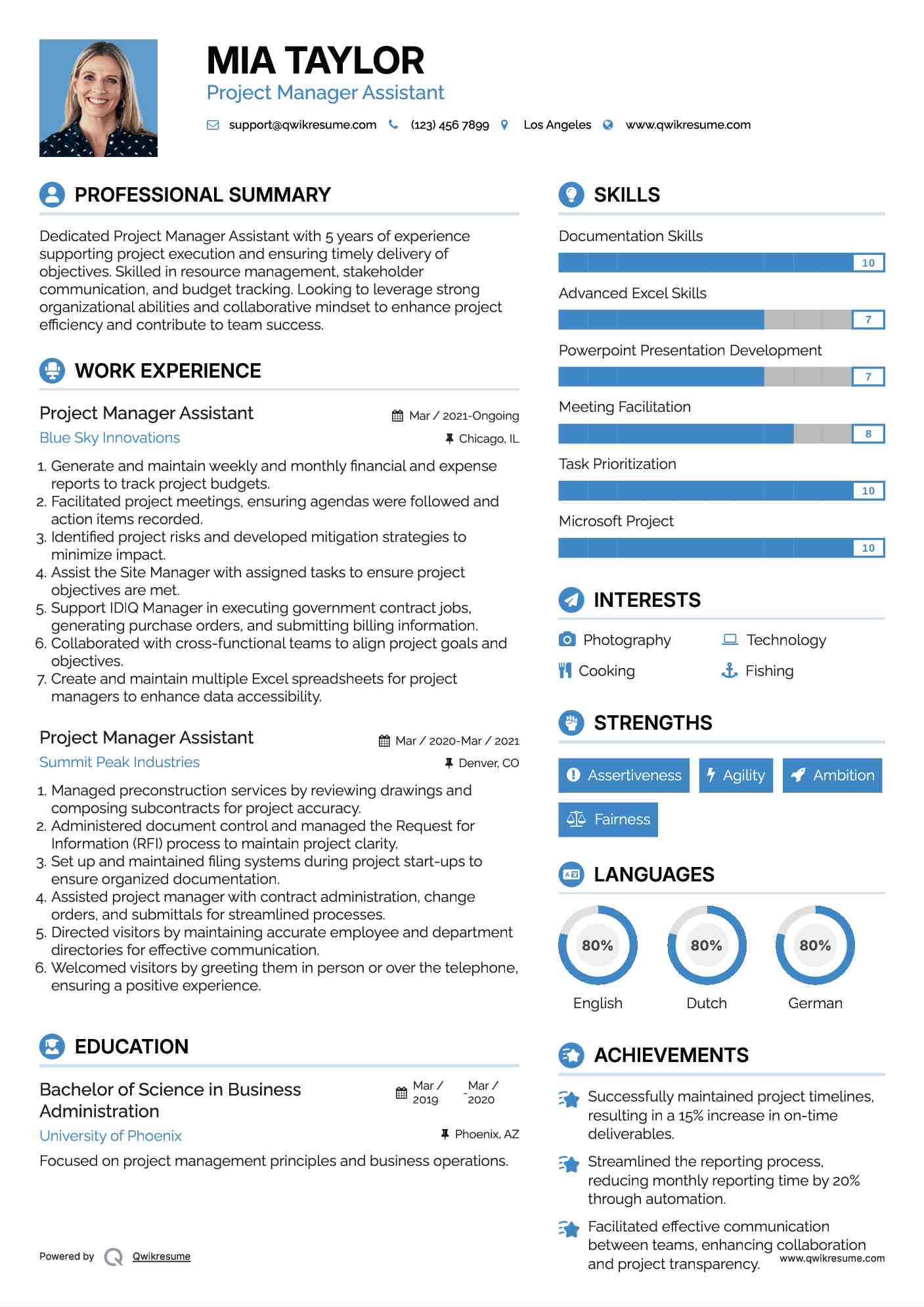 Project Manager Assistant Resume Samples QwikResume