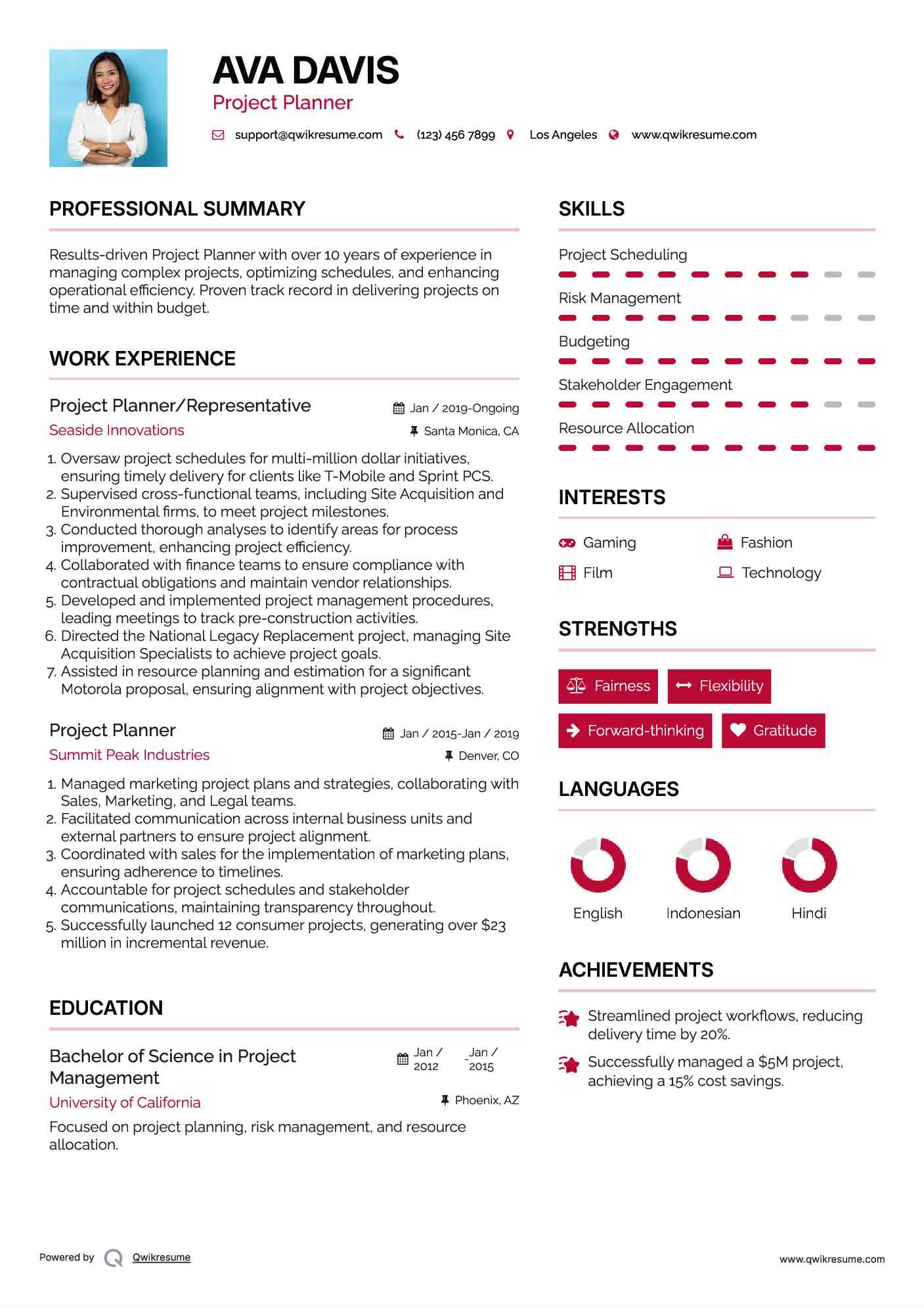 Project Planner Resume Samples QwikResume