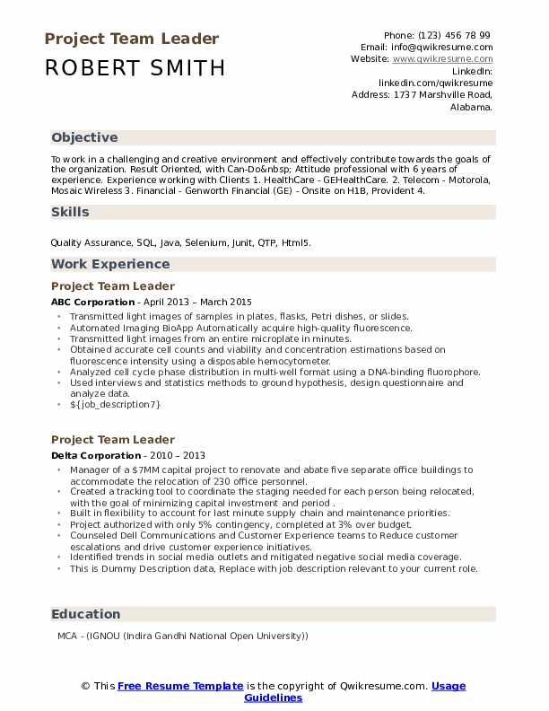 Project Team Leader Resume Samples QwikResume