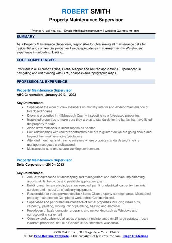 Property Maintenance Supervisor Resume Samples | QwikResume