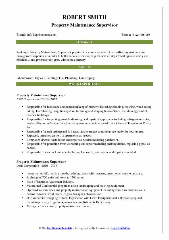 Property Maintenance Supervisor Resume Samples | QwikResume