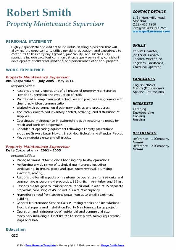 Property Maintenance Supervisor Resume Samples | QwikResume