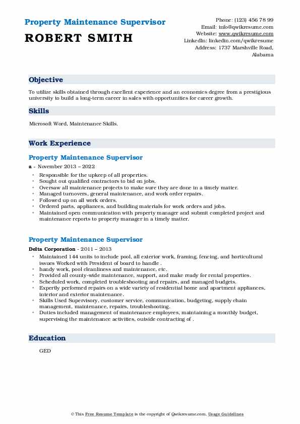 Property Maintenance Supervisor Resume Samples | QwikResume