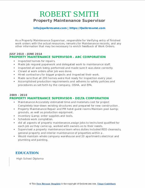 Property Maintenance Supervisor Resume Samples | QwikResume