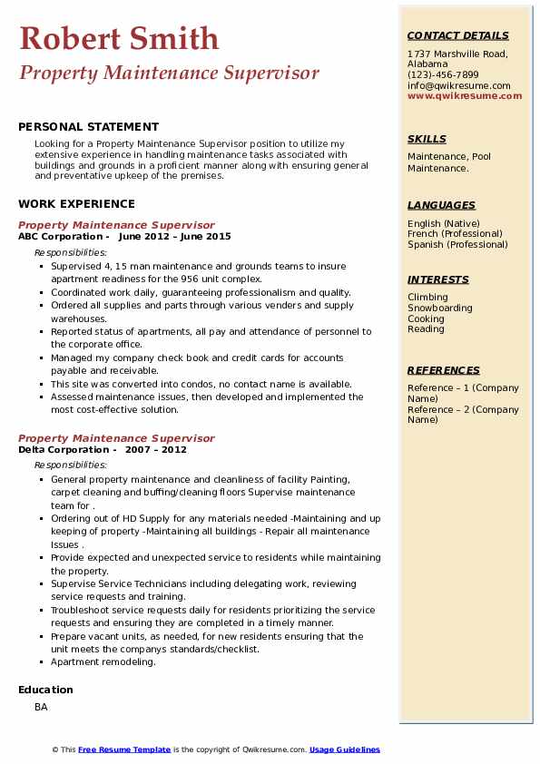 Property Maintenance Supervisor Resume Samples | QwikResume