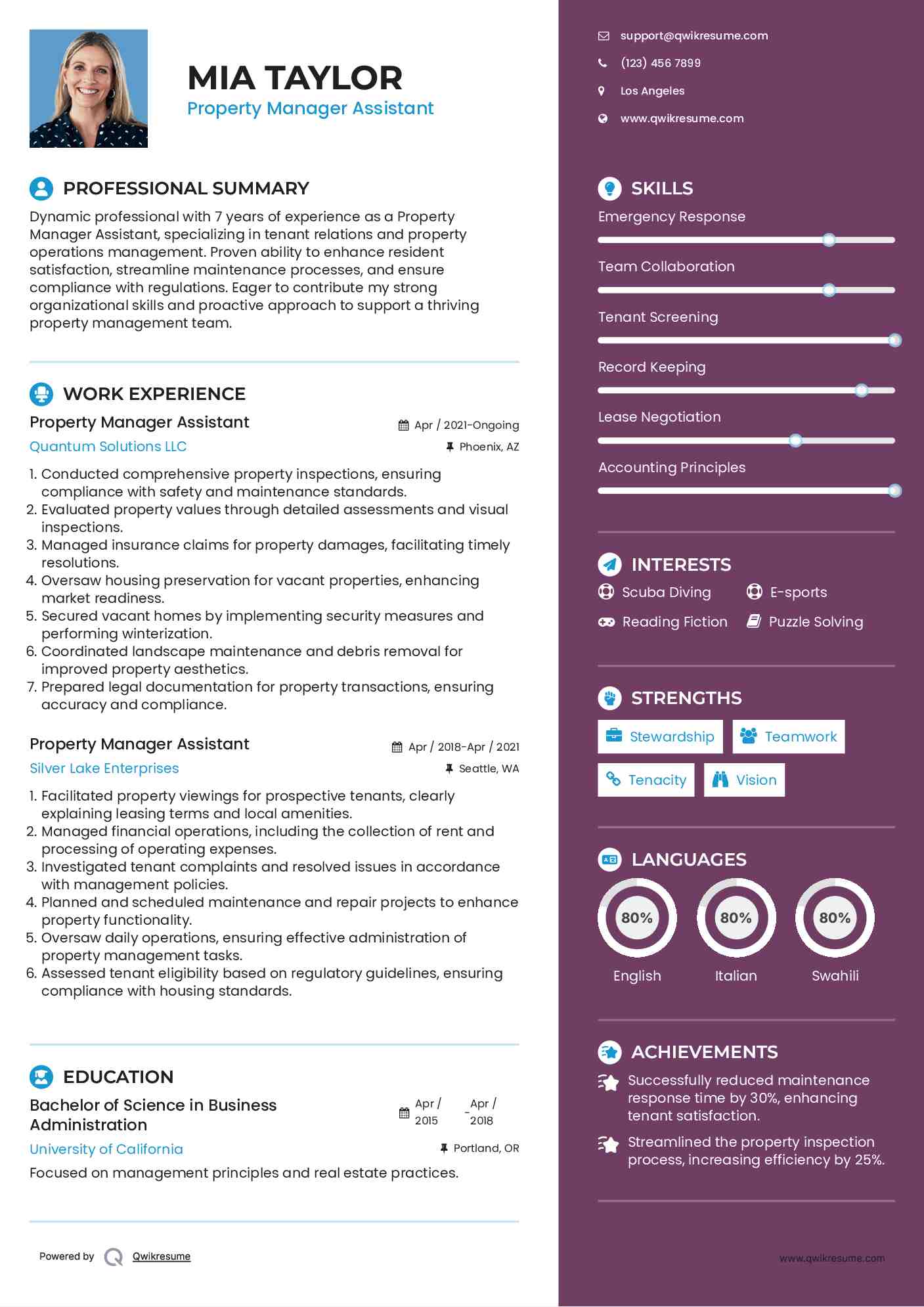 Property Manager Assistant Resume Samples QwikResume