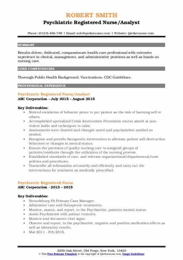 Psychiatric Registered Nurse Resume Samples | QwikResume