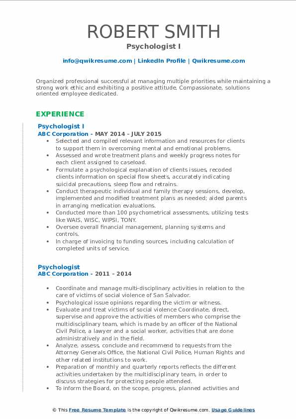 Psychologist Resume Samples | QwikResume