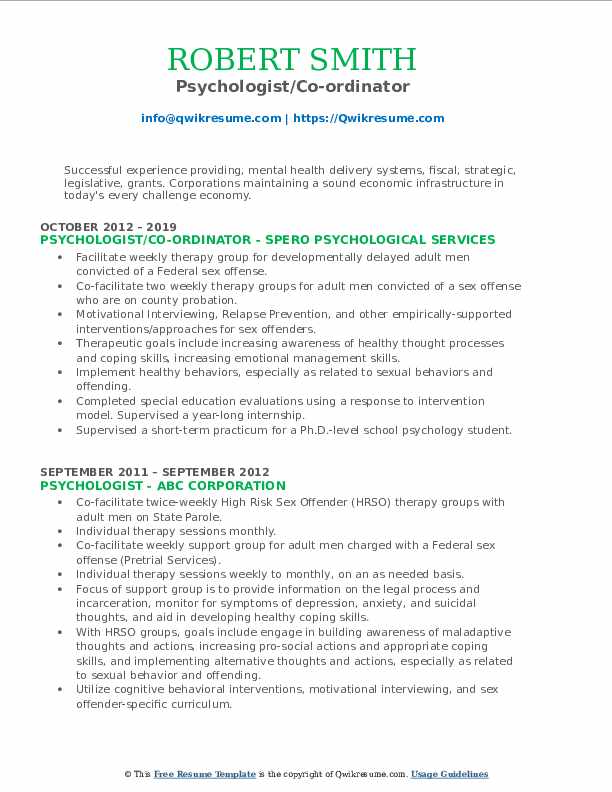 Psychologist Resume Samples | QwikResume