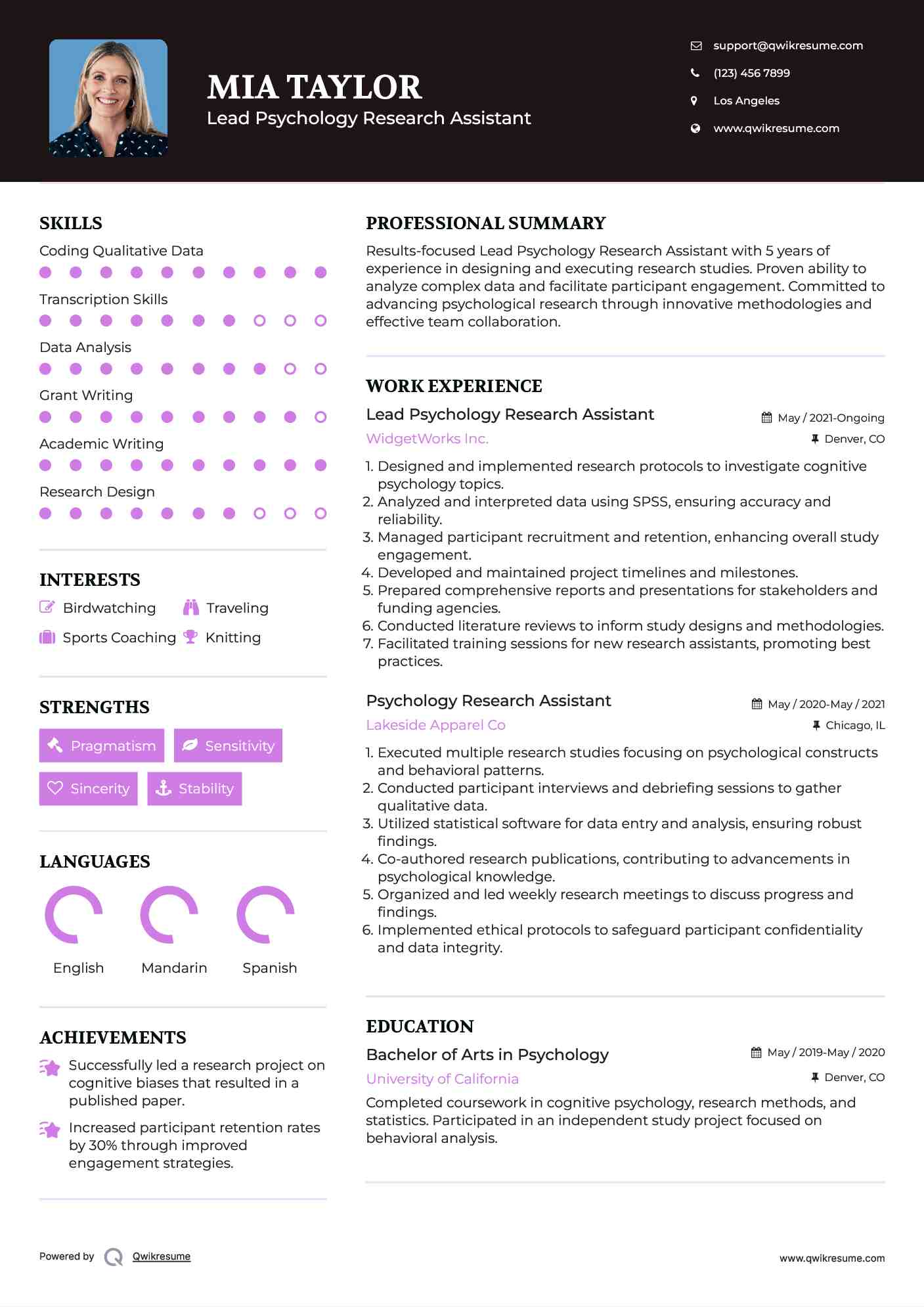 Psychology Research Assistant Resume Samples QwikResume