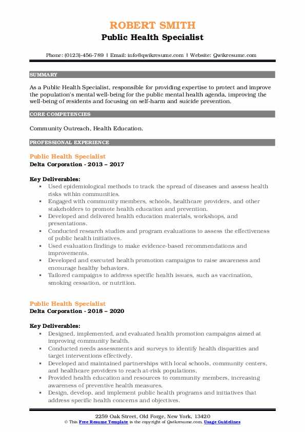 Public Health Specialist Resume Samples | QwikResume