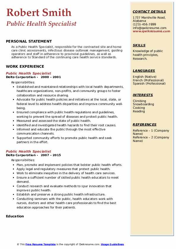 Public Health Specialist Resume Samples | QwikResume