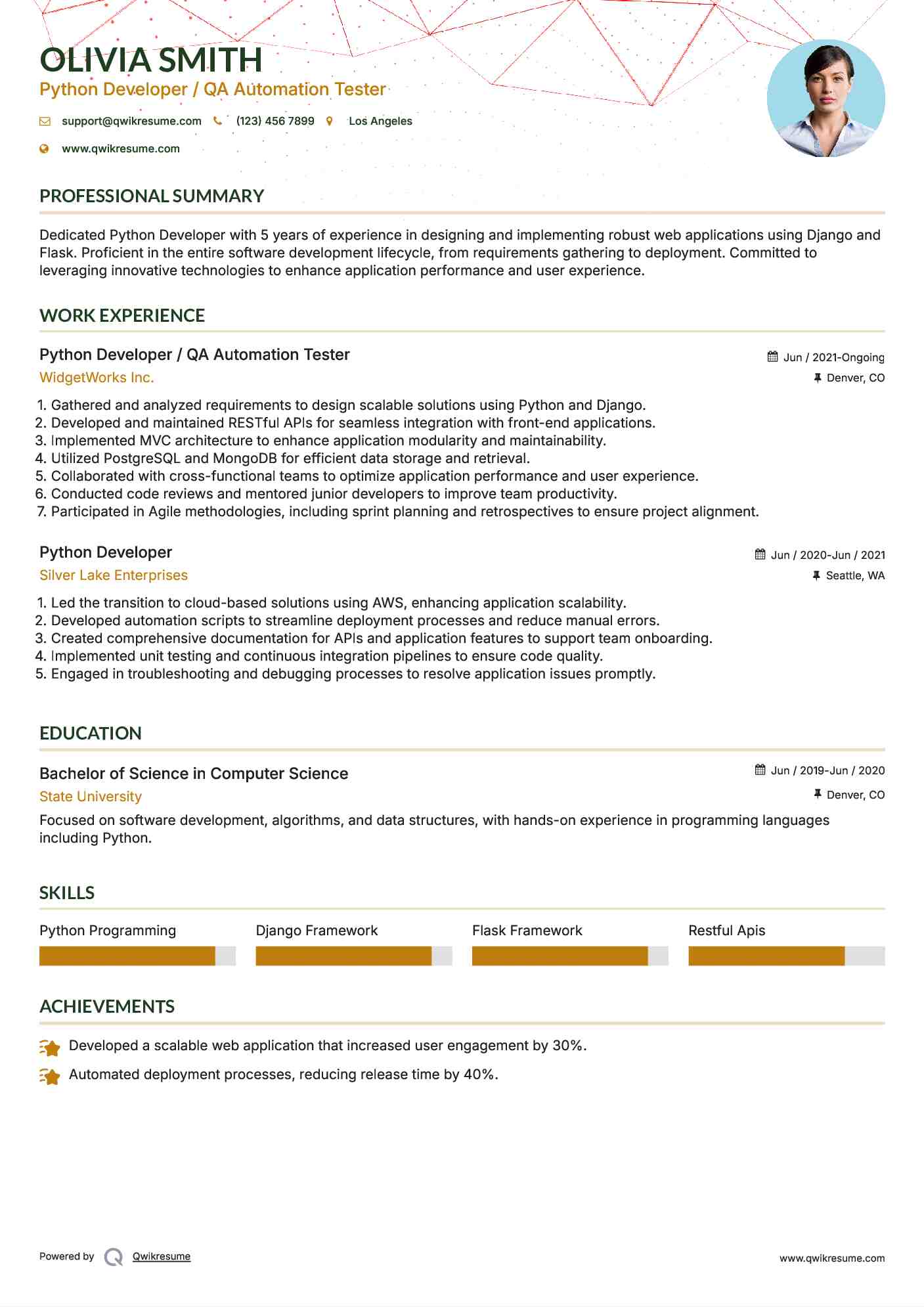 Python Developer Resume Samples QwikResume
