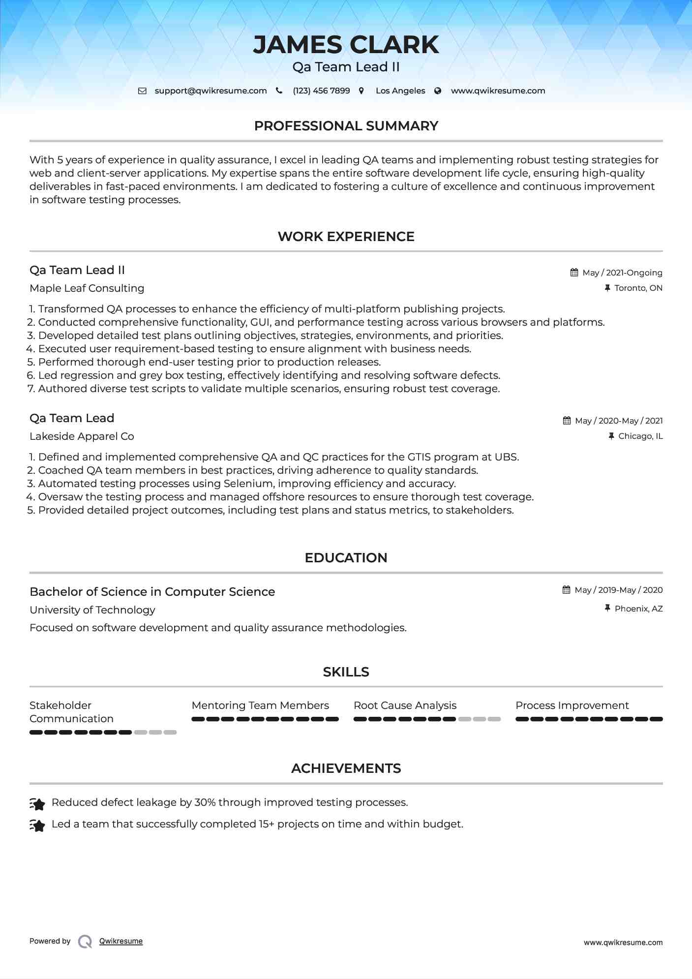 Qa Team Lead Resume Samples QwikResume