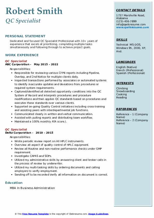 QC Specialist Resume Samples | QwikResume