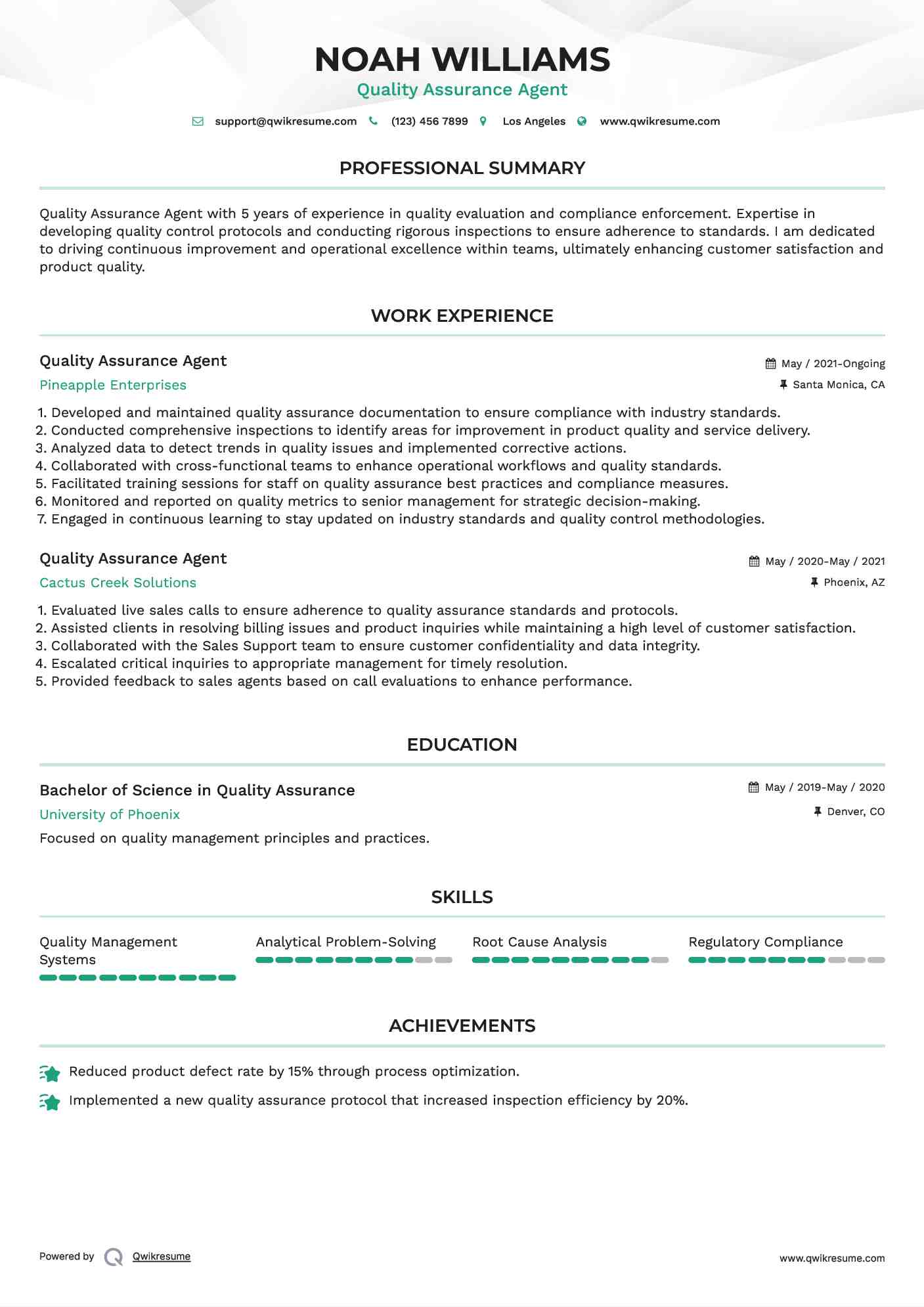 Quality Assurance Agent Resume Samples QwikResume