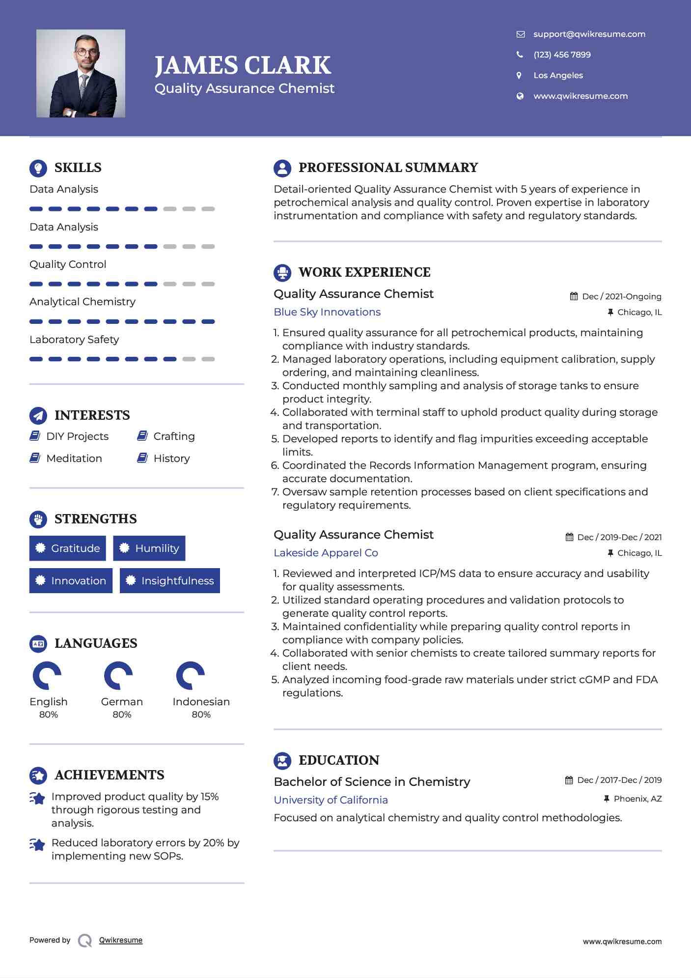 Quality Assurance Chemist Resume Samples QwikResume