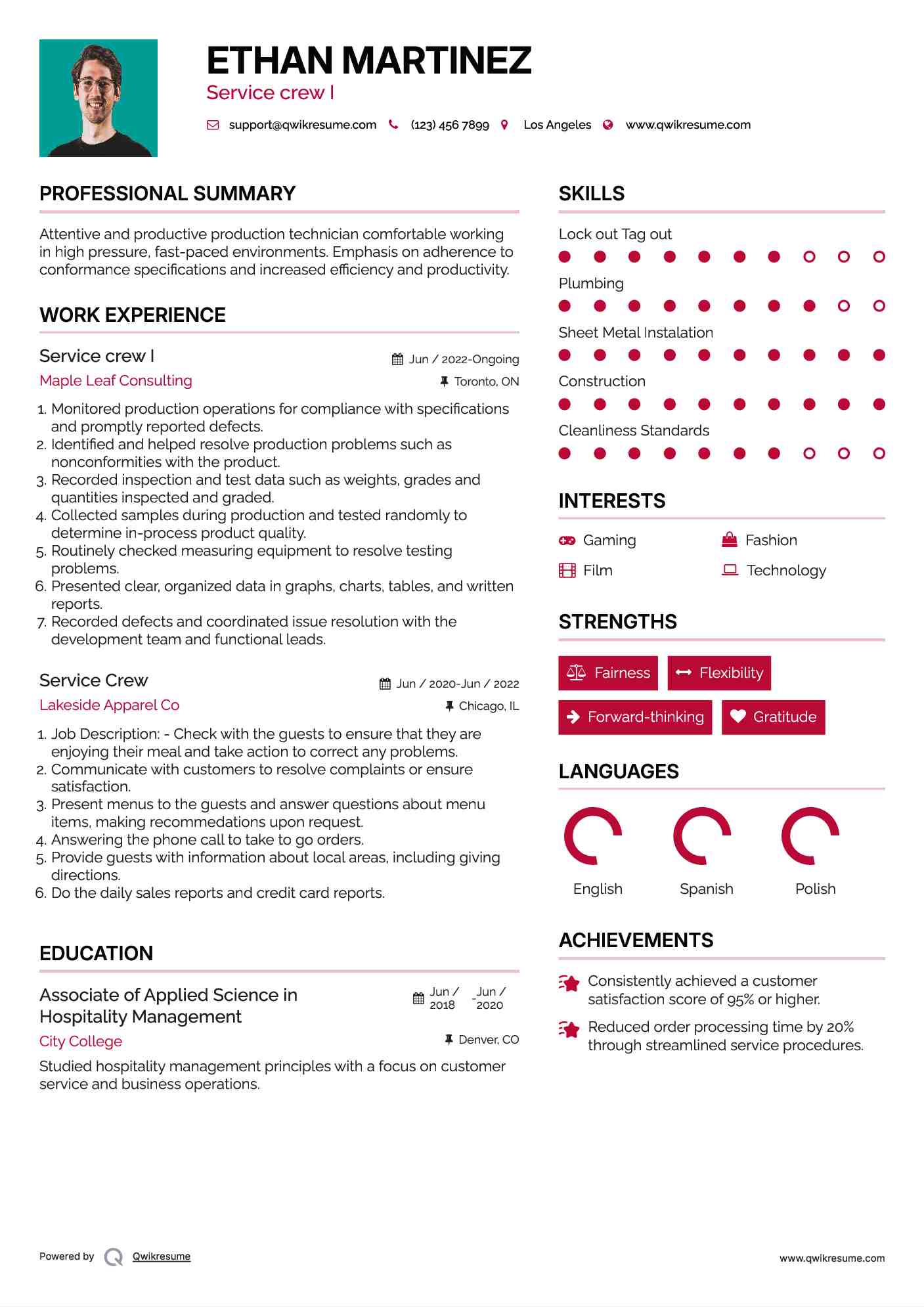 Service Crew Resume Samples QwikResume