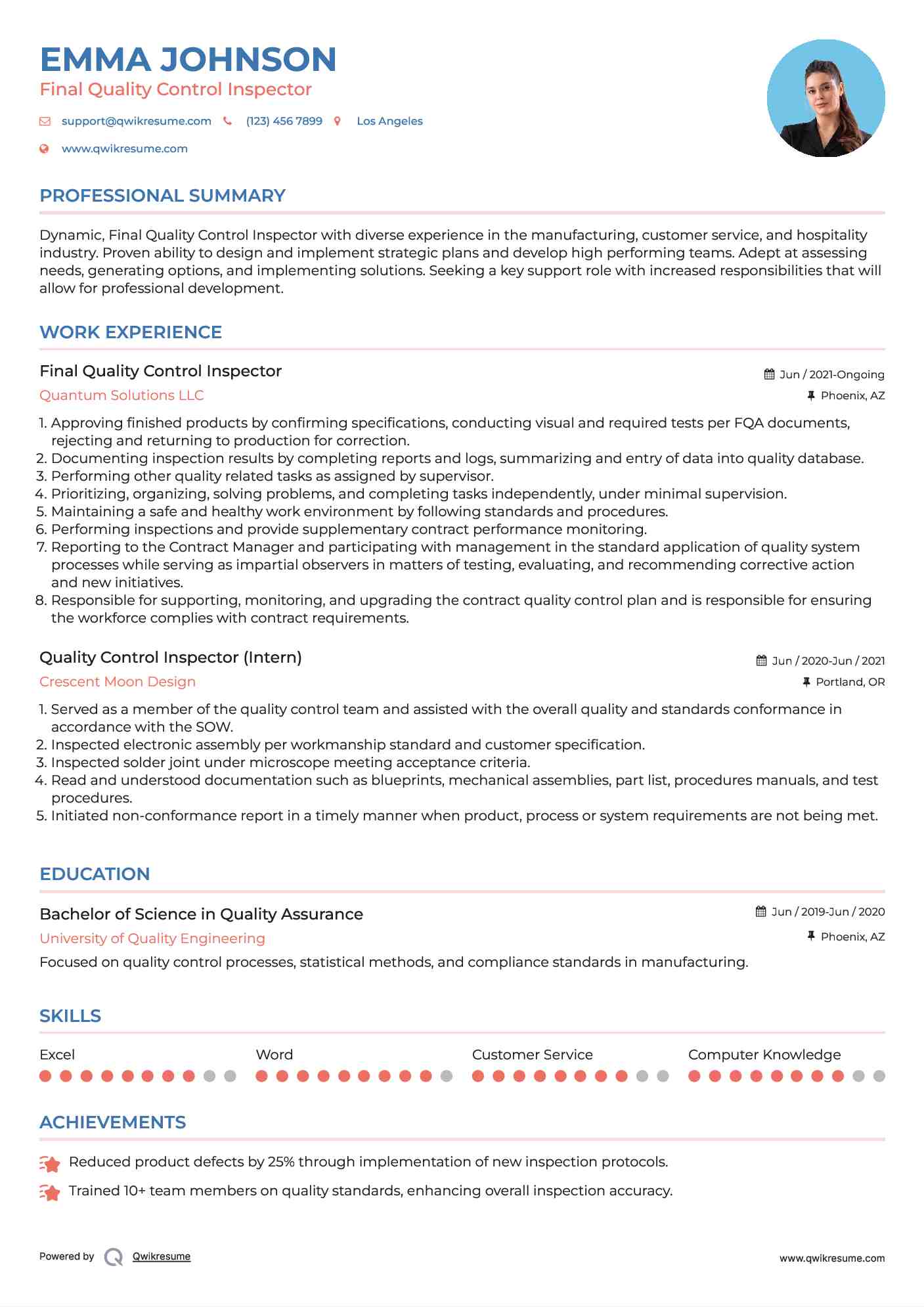 Quality Control Inspector Resume Samples QwikResume