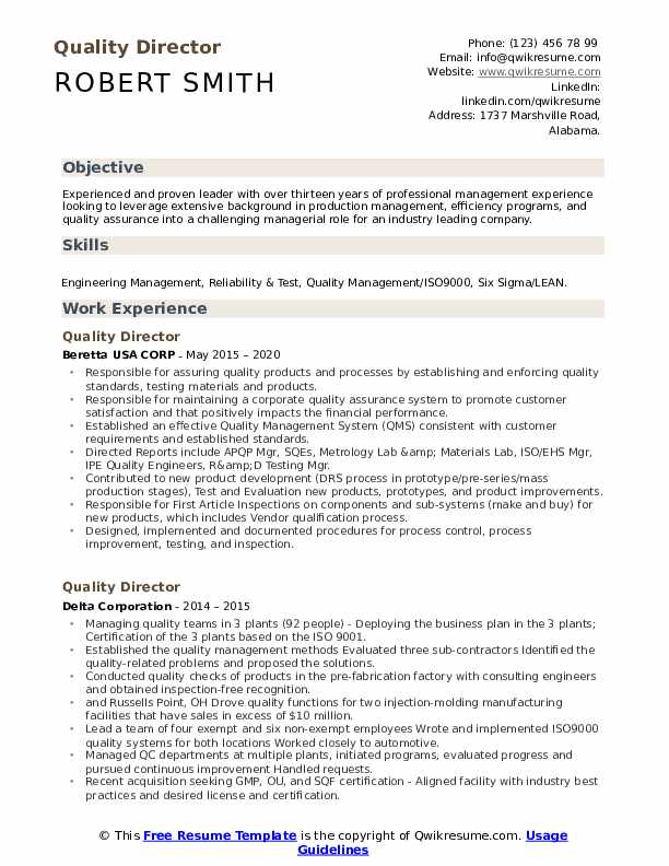Quality Director Resume Samples QwikResume
