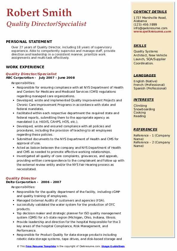 Quality Director Resume Samples QwikResume