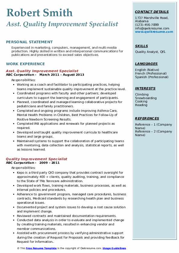 Quality Improvement Specialist Resume Samples | QwikResume