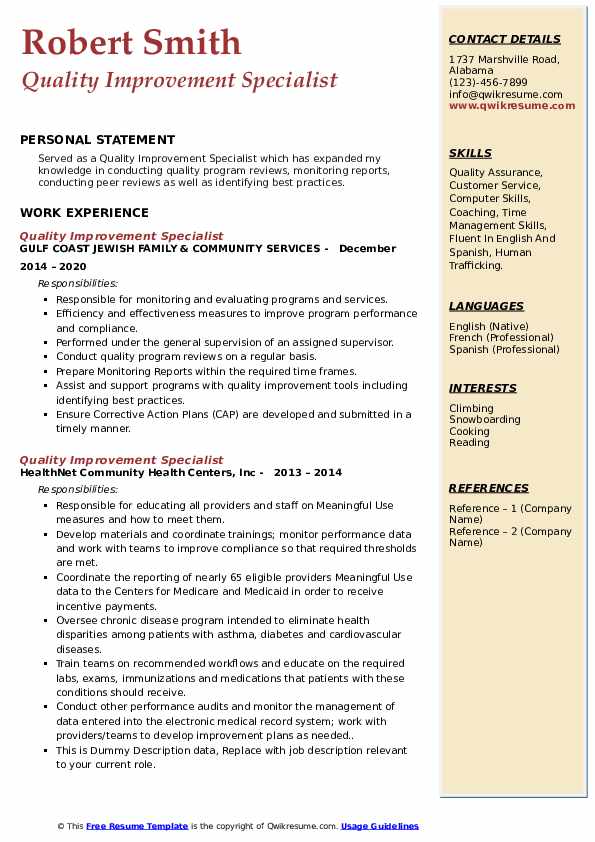 Quality Improvement Specialist Resume Samples | QwikResume