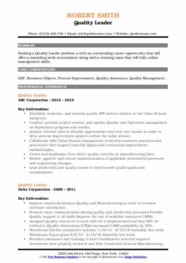 Quality Leader Resume Samples | QwikResume