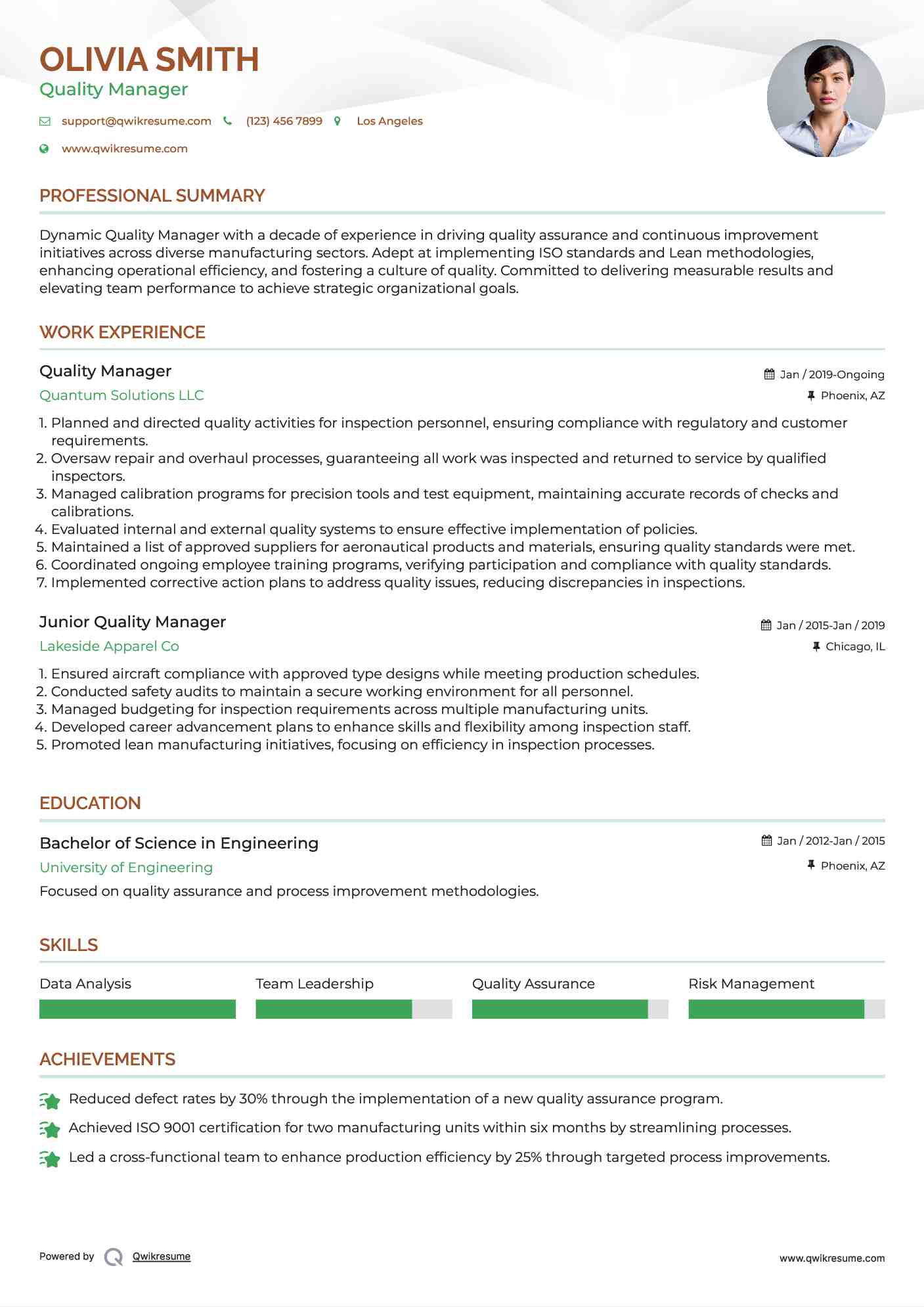 Quality Manager Resume Samples QwikResume