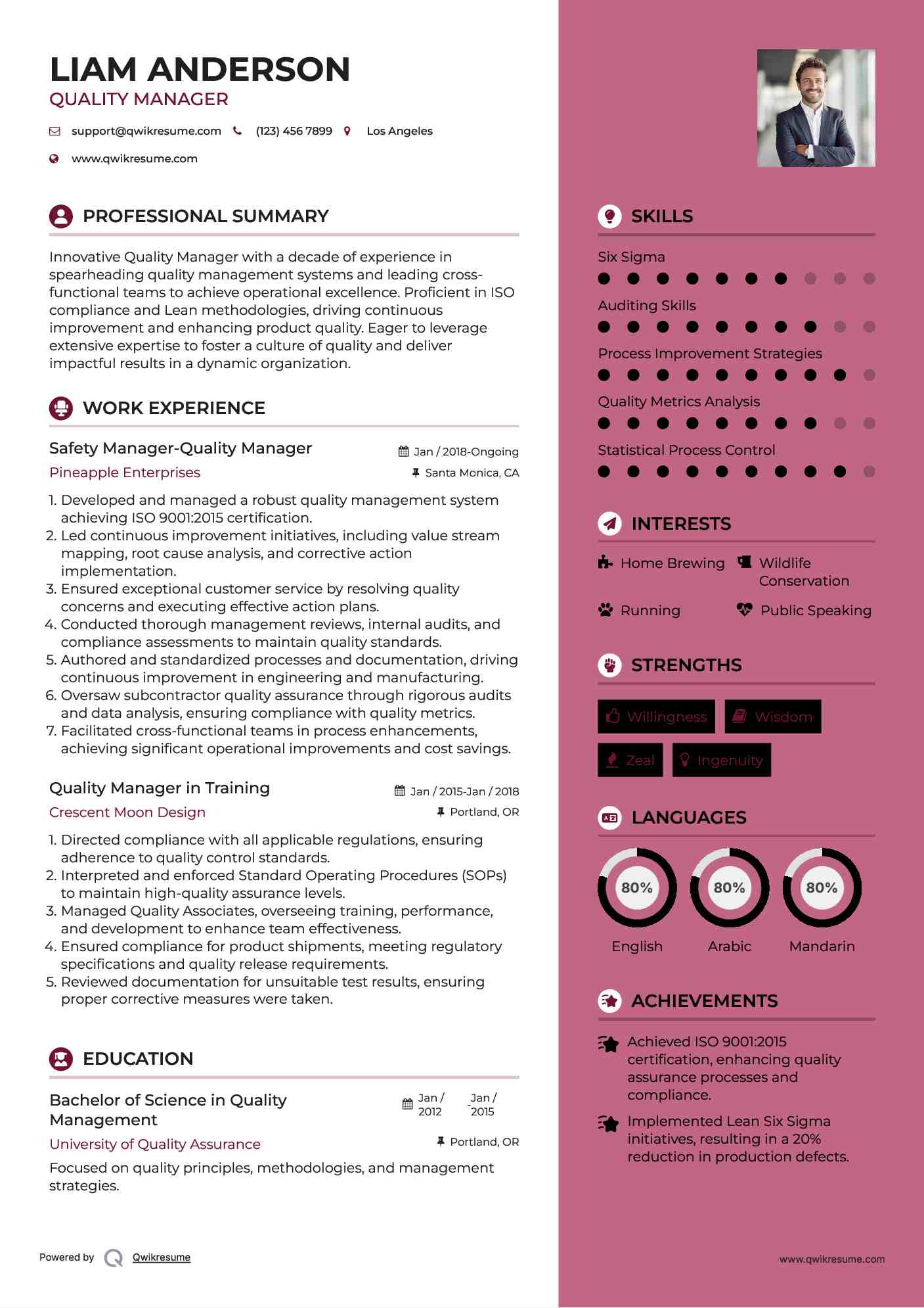 Quality Manager Resume Sample Pdf Free Samples Examples Format 