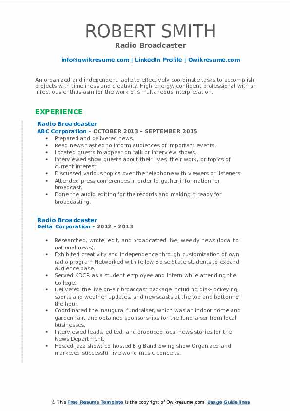 Broadcasting Resume Template