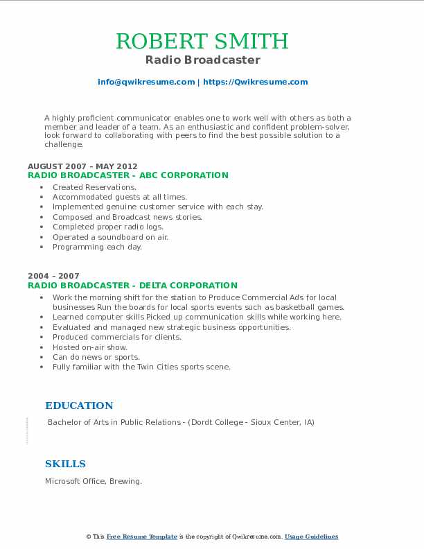 Broadcasting Resume Template