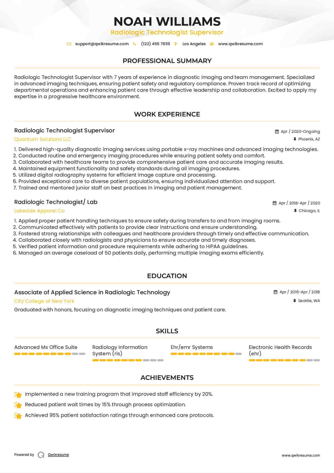 Radiologic Technologist Resume Samples QwikResume