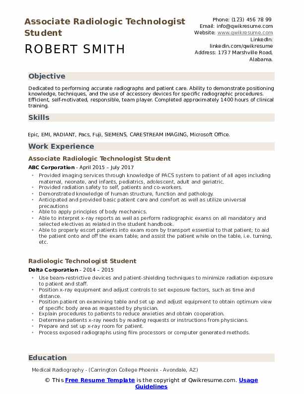 Radiologic Technologist Student Resume Samples | QwikResume