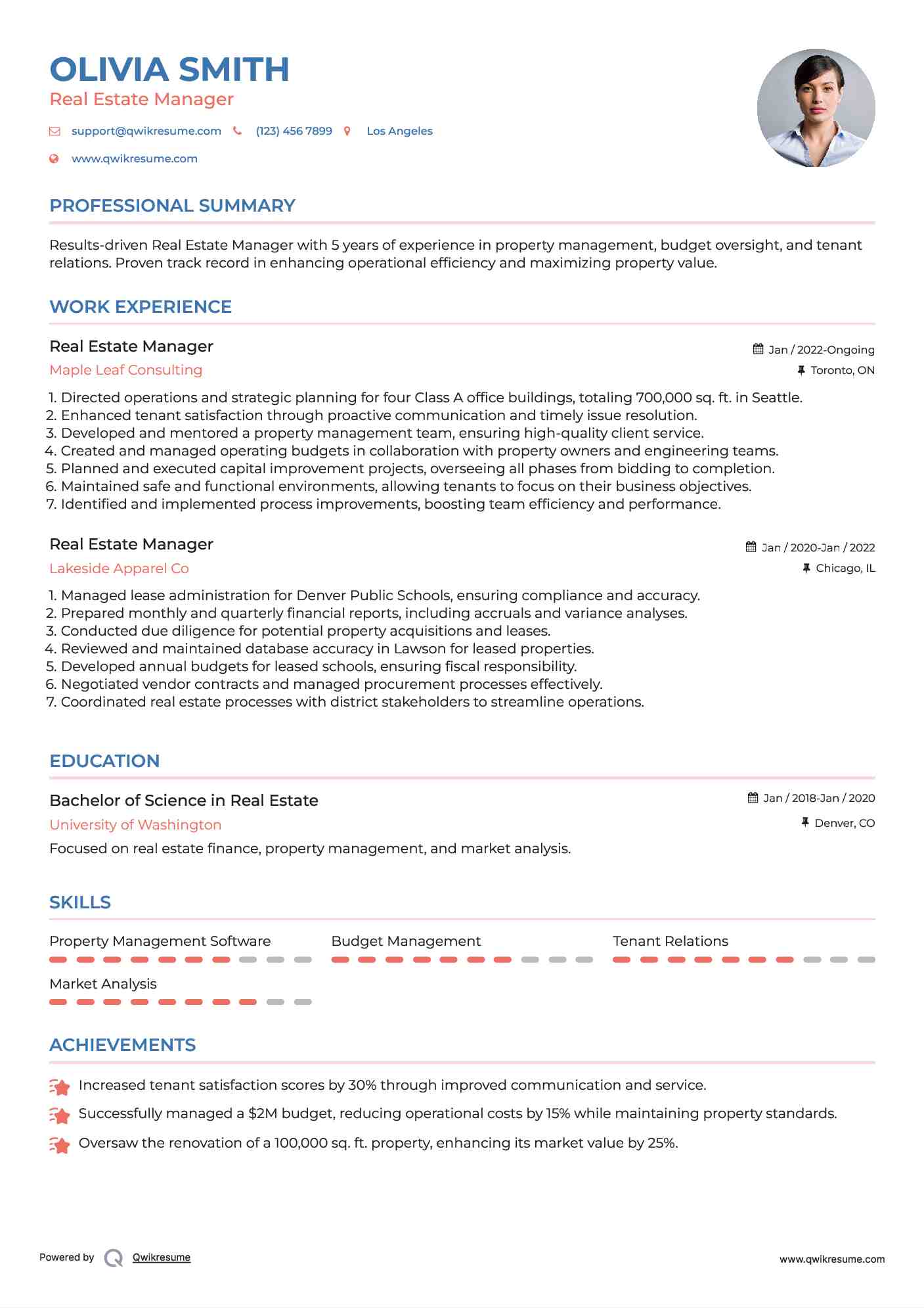 Real Estate Manager Resume Samples QwikResume