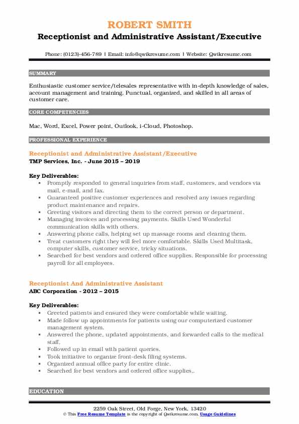 Receptionist And Administrative Assistant Resume Samples | Qwikresume