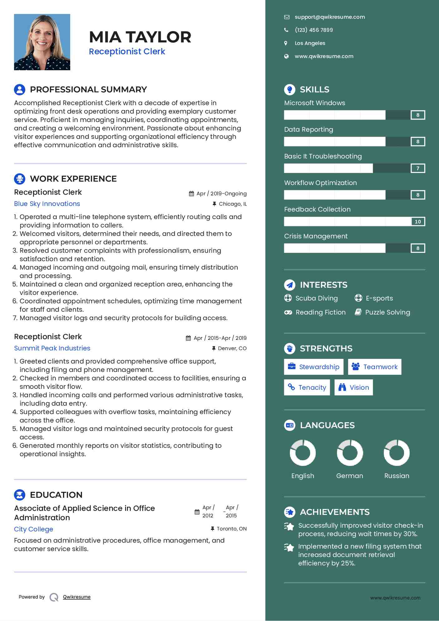10+ Receptionist Clerk Resume Samples & Templates For 2025