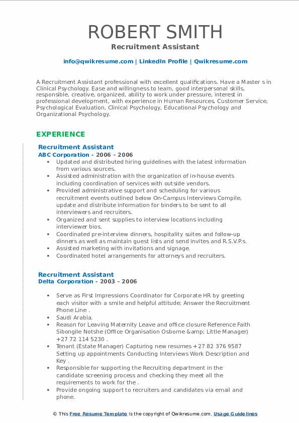 Recruitment Assistant Resume Samples | QwikResume