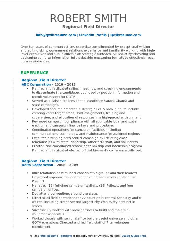 Regional Field Director Resume Samples | QwikResume