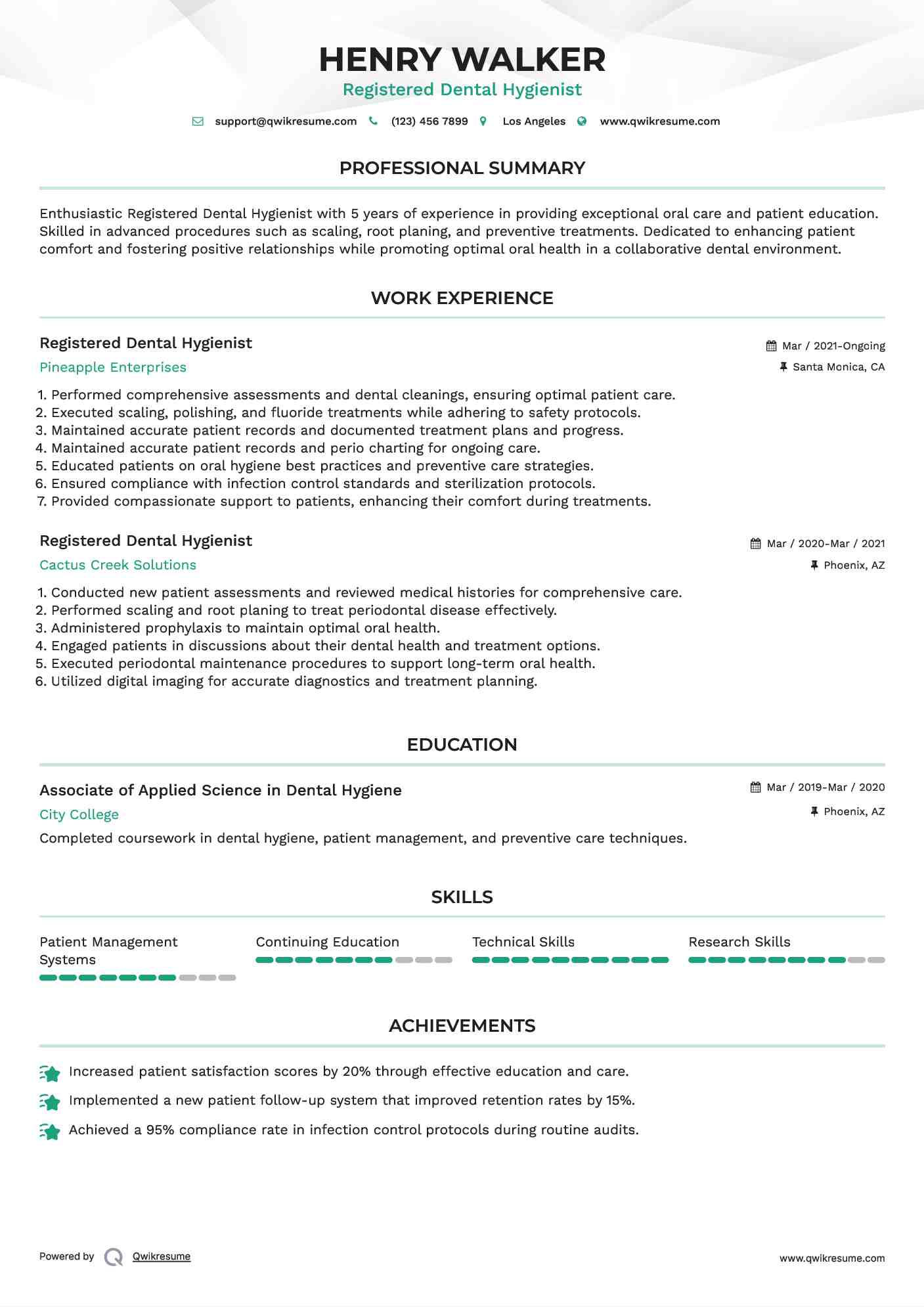 Registered Dental Hygienist Resume Samples QwikResume