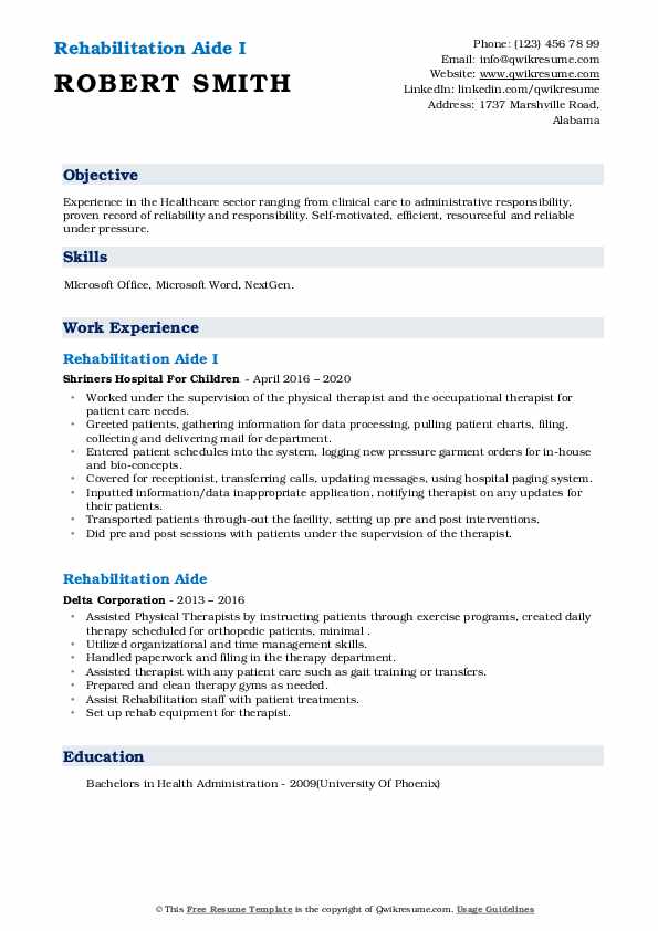 Rehab Aide Sample Resume