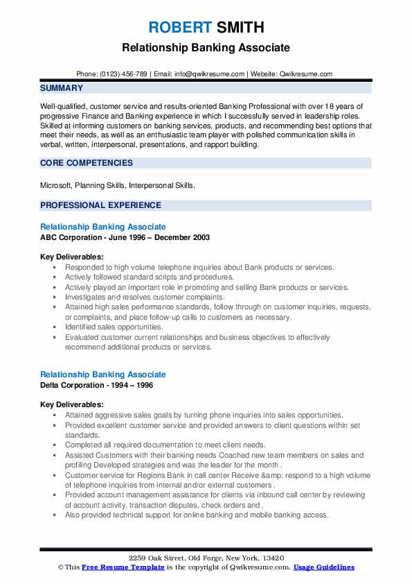 Relationship Banking Associate Resume Samples | QwikResume