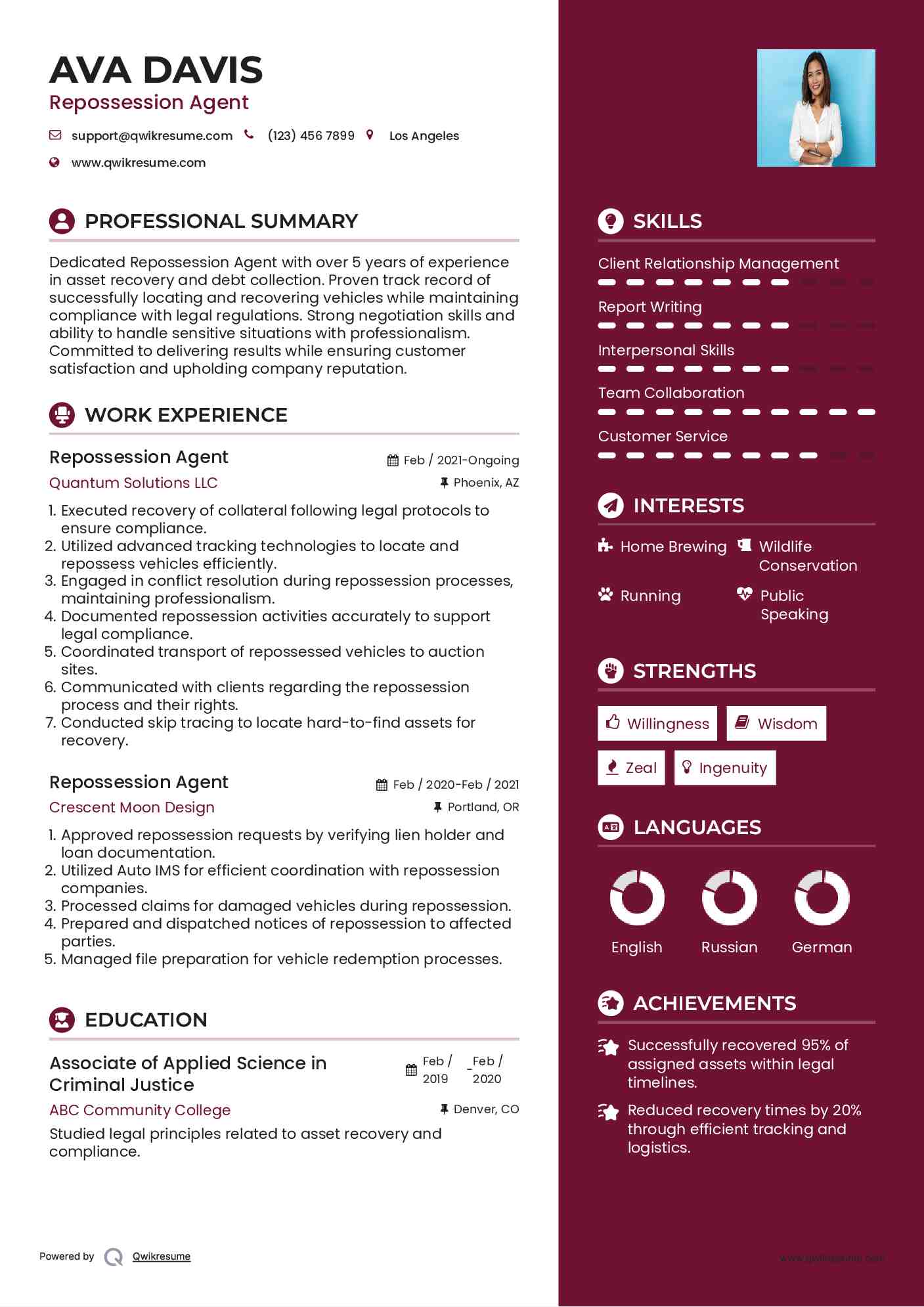 Repossession Agent Resume Samples QwikResume