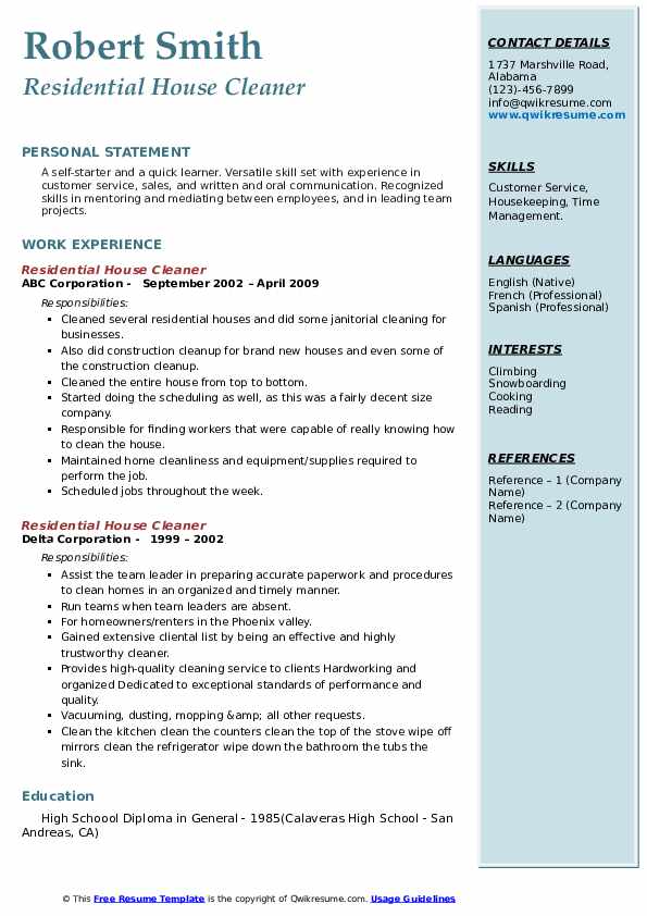 Residential House Cleaner Resume Samples QwikResume