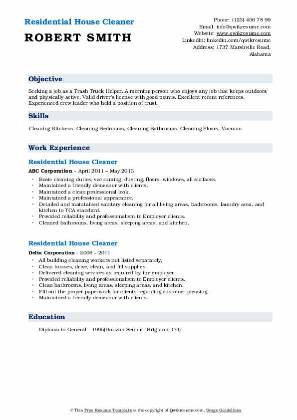 Residential House Cleaning Resume Sample