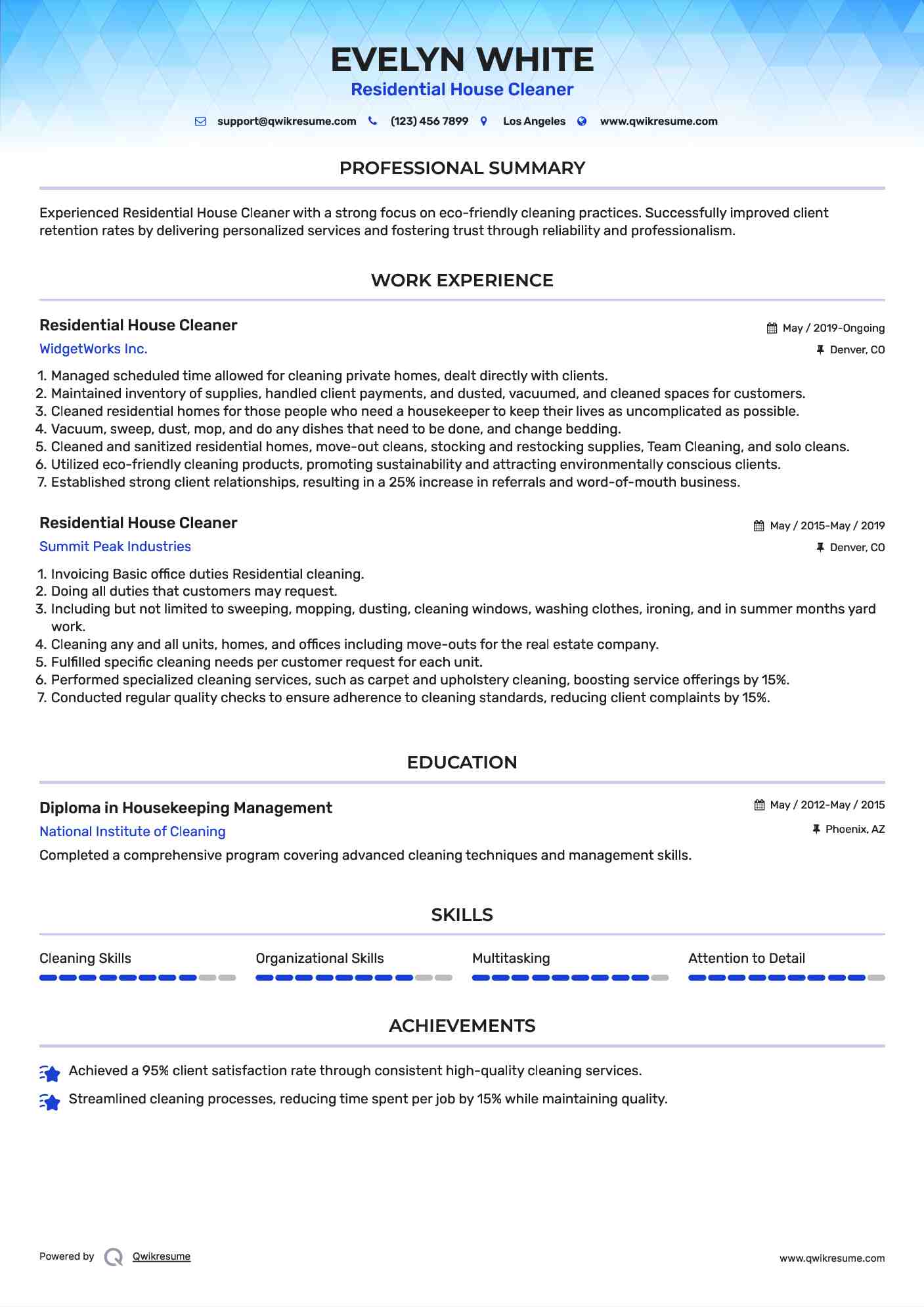 Residential House Cleaner Resume Samples QwikResume
